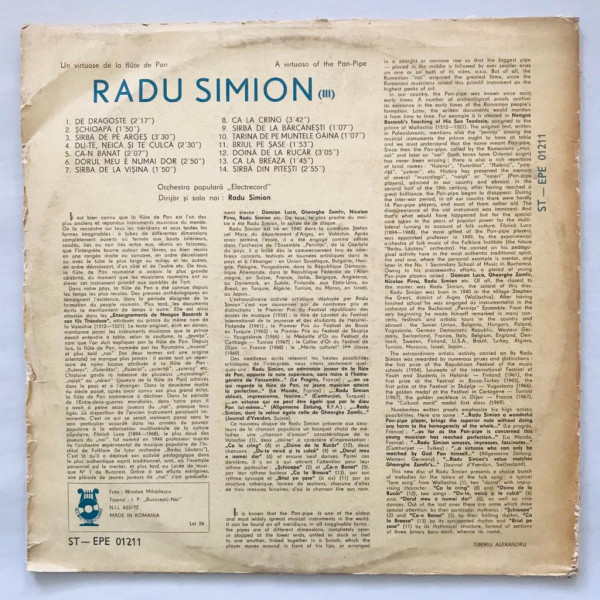 Radu Simion - A Virtuoso Of The Pan-Pipe Vol. III - LP Vinyl PH